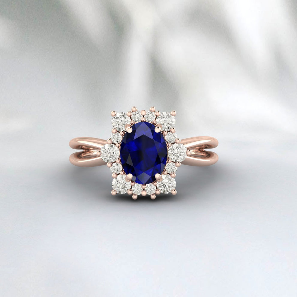 Oval Cut Blue Sapphire Engagement Ring Rose Gold Diamond Wedding Ring ...